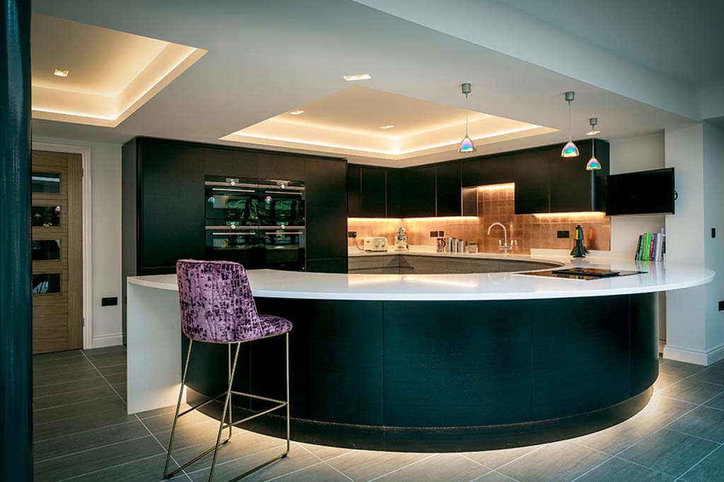 Drayton – Bespoke curved veneered kitchen Norfolk - Kestrel Kitchens